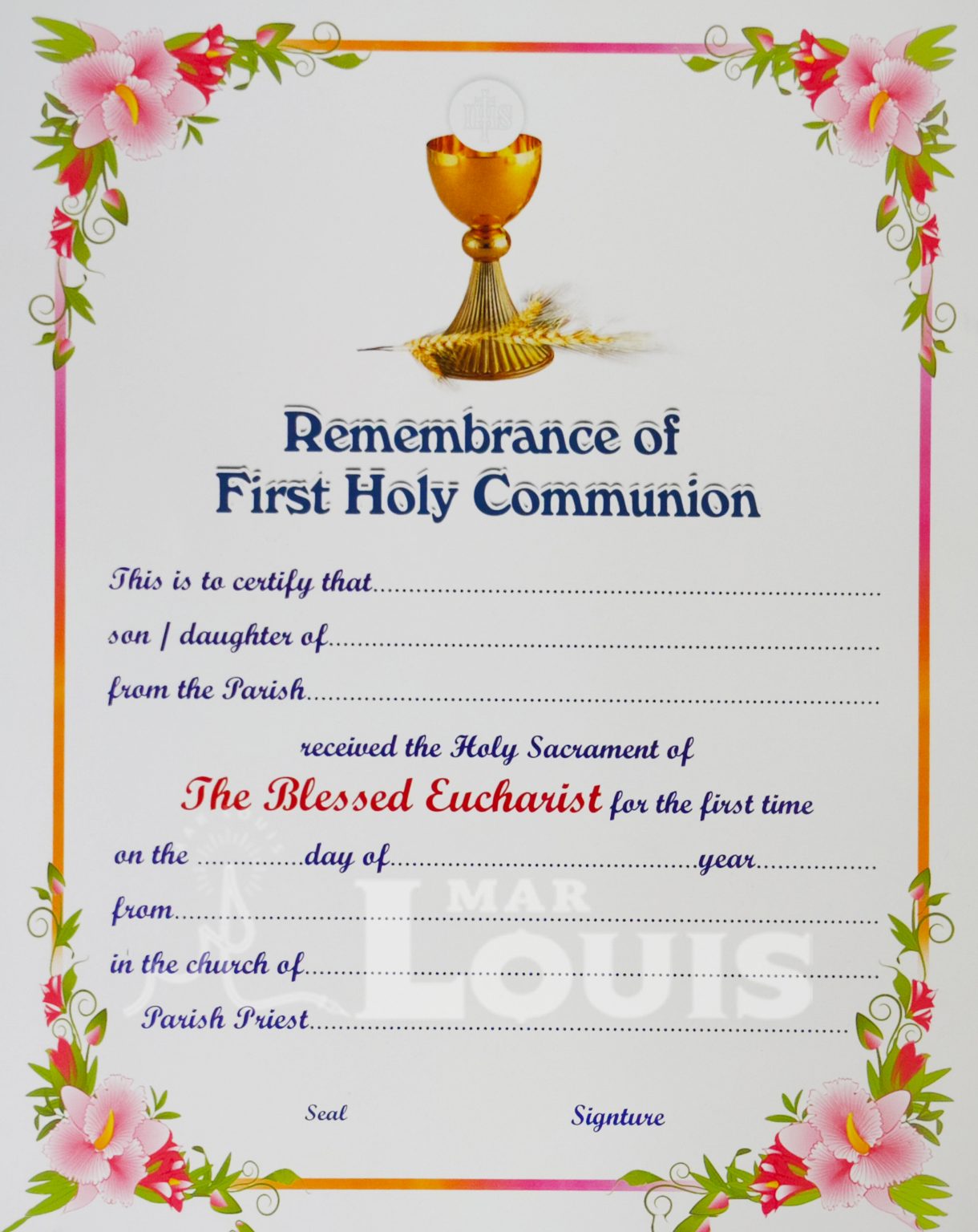 Holy communion certificate – Mar Louis Kochi – A Project of Ernakulam ...